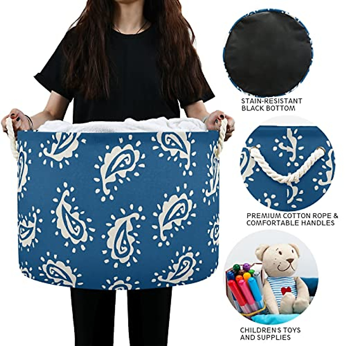 ALAZA Paisley Flower Blue Indian Ethnic Storage Basket Gift Baskets Large Collapsible Laundry Hamper with Handle, 20x20x14 in