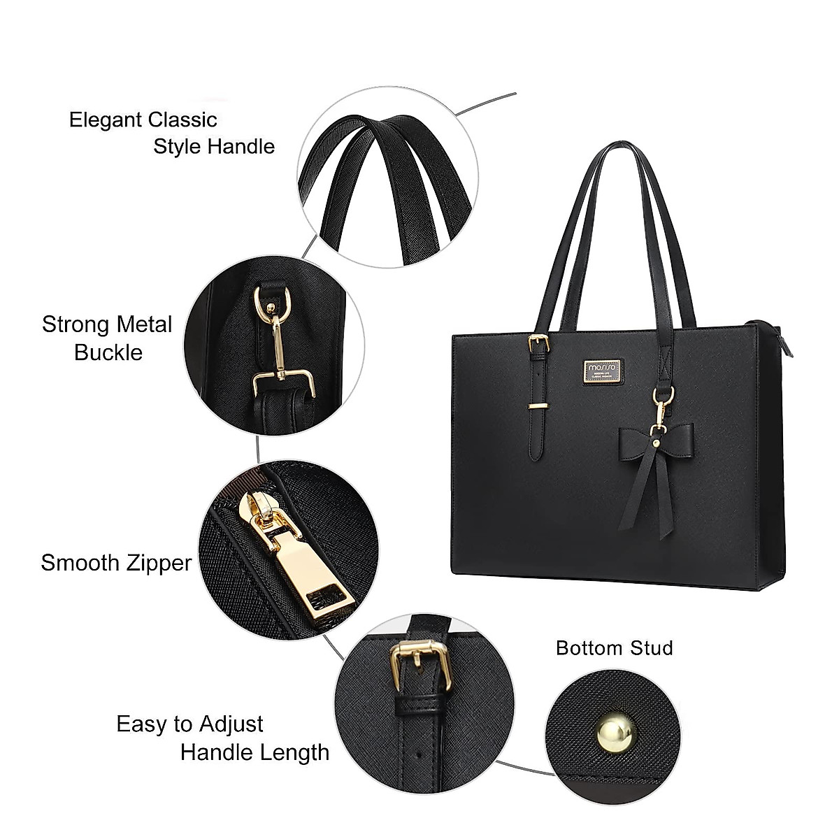 MOSISO Laptop Bag for Women Compatible with MacBook, 17-17.3 inch Notebook and Chromebook, PU Leather Travel Work Tote bag with Detachable Bowknot & Small Purse, Black