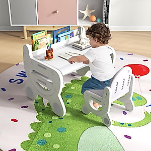 HONEY JOY Kids Table and Chair Set, Plastic Children Activity Table and Chair w/Graffiti Desktop, Storage, Markers & Eraser, Toddler Table and Chair Set for Daycare Playroom Classroom (Gray)