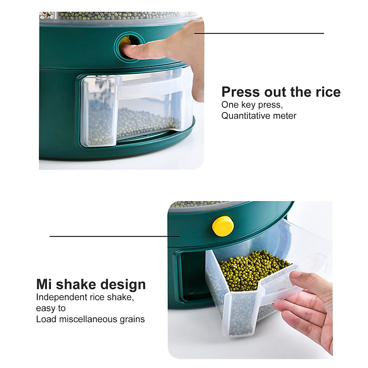 Large Rotating Food Dispenser Rice Dispenser 6-Grid Rice Bucket Whole Grains Rice Container Storage with Lid Dry Food Dispenser Storage Box for Kitchen White