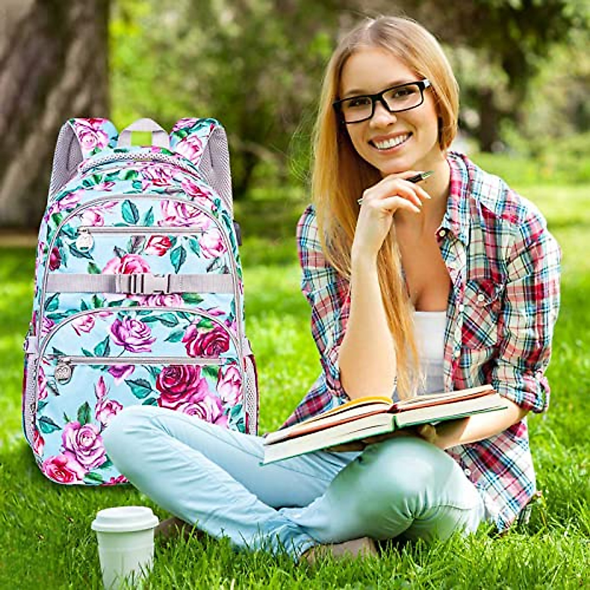 ZLYERT Laptop Backpack, 16 Inch School Bag College Bookbag, Anti Theft Daypack Bags and Lunch Bag Set, Water Resistant Rose Flowers Backpacks for Teens Girls Women Students