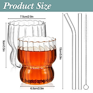 4 Pieces Ripple Drinking Glasses Set 8.8 oz Ribbed Glassware Glass Cups Vintage Fluted Glassware Ribbed Coupe Glass Origami Style Glass Cup Coffee Mug for Cocktail, 4 Glass Straws and Straw Brush