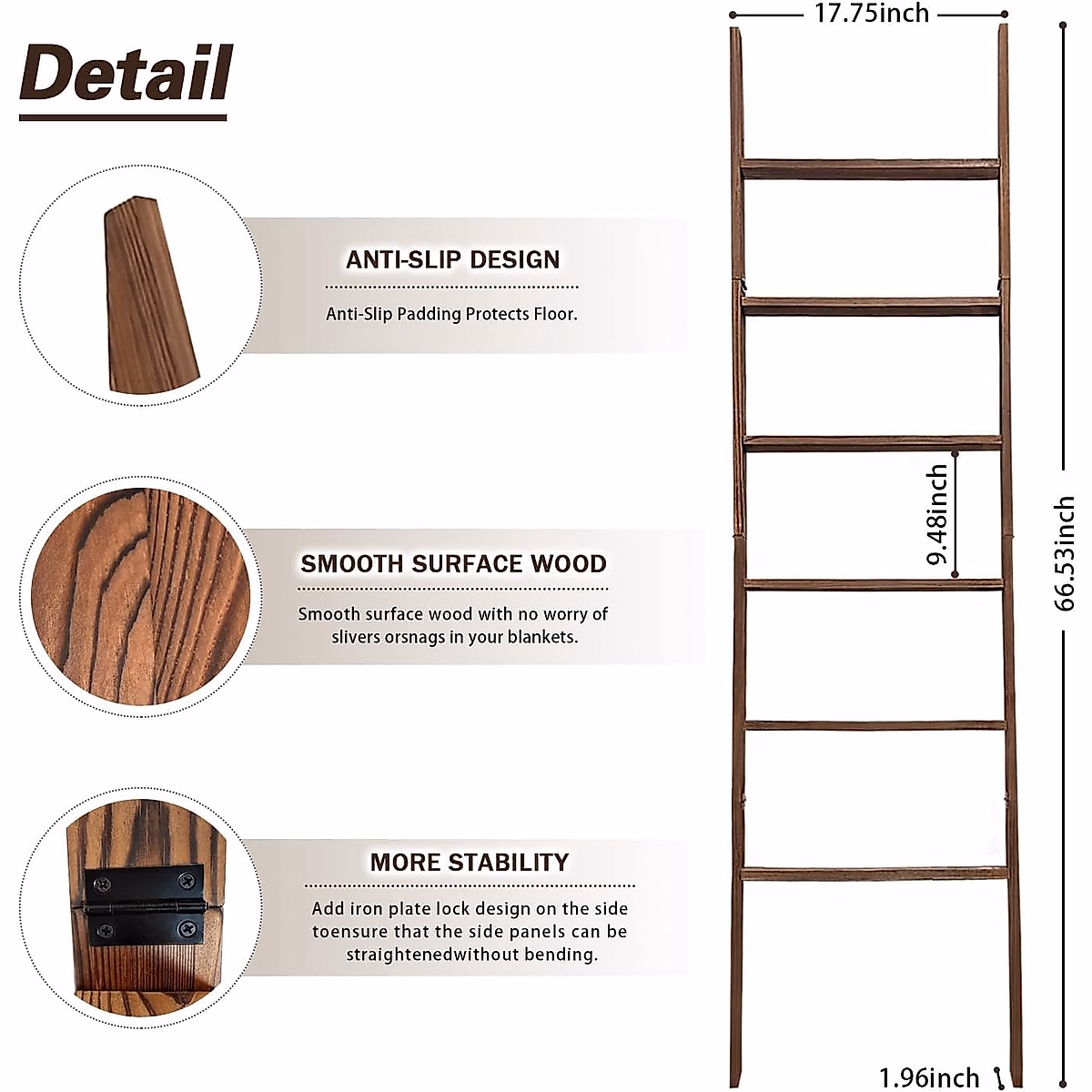 6-Tier Decorative Wooden Blanket Ladder - 5.5 Ft Towel Rack and Wall-Leaning Quilt, Farmhouse Style, Ideal for Living Room, Bathroom, Bedroom - Not for Climbing (Carbon Brown)