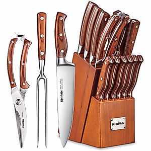 Knipan Kitchen Knife Sets with Block, 16PCS Professional Stainless Steel Forged Chef Knife Block Set, Ultra Sharp Knives with Wood Handle, Brown