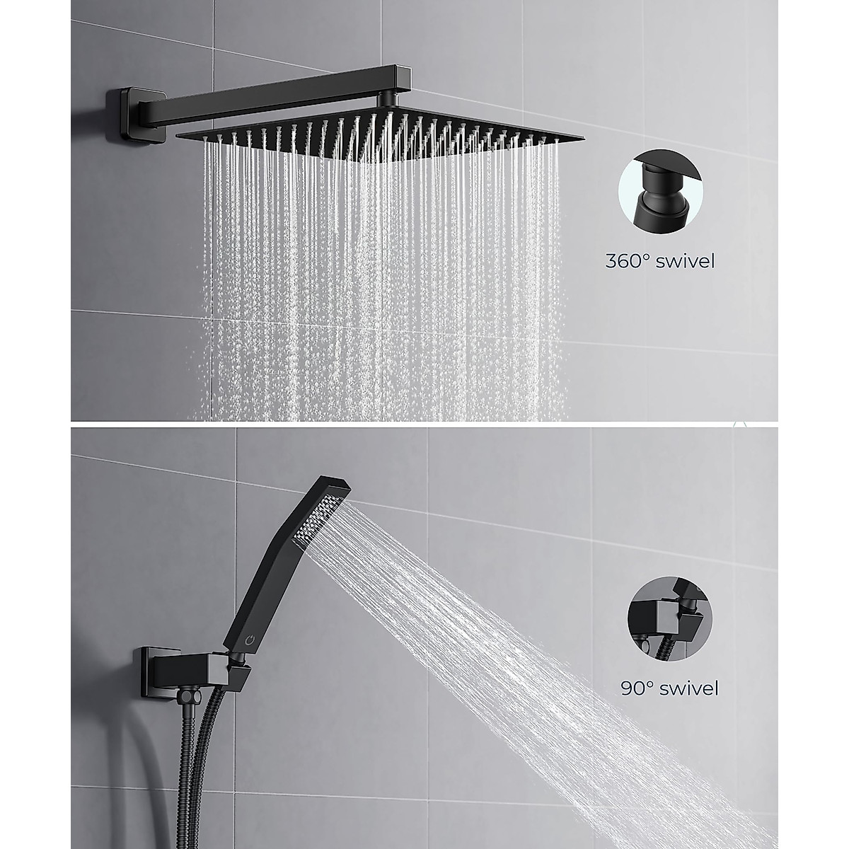 FORIOUS Shower Faucet Set Black -12 Inch Shower System with Solid Brass Pressure Balanced Valve, Rainfall Shower Head and Handle Set, Wall Mounted Shower Fixtures Combo Matte Black