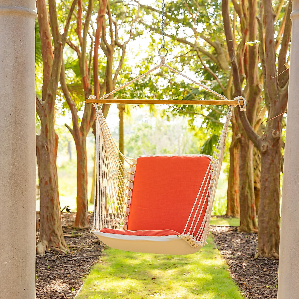 Original Pawleys Island Sunbrella Cushioned Single Swing in Echo Sangria with Oak Spreader Bar, Handcrafted in The USA, 350 LB Weight Capacity, 24 in. L x 24 in W x 24 in. D