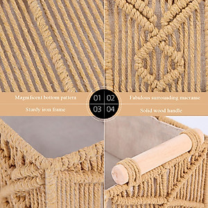 Primepoch Macrame Storage Baskets With Wood Handles, Boho Style Versatile Shelf Basket bins, set of 2 (Khaki)