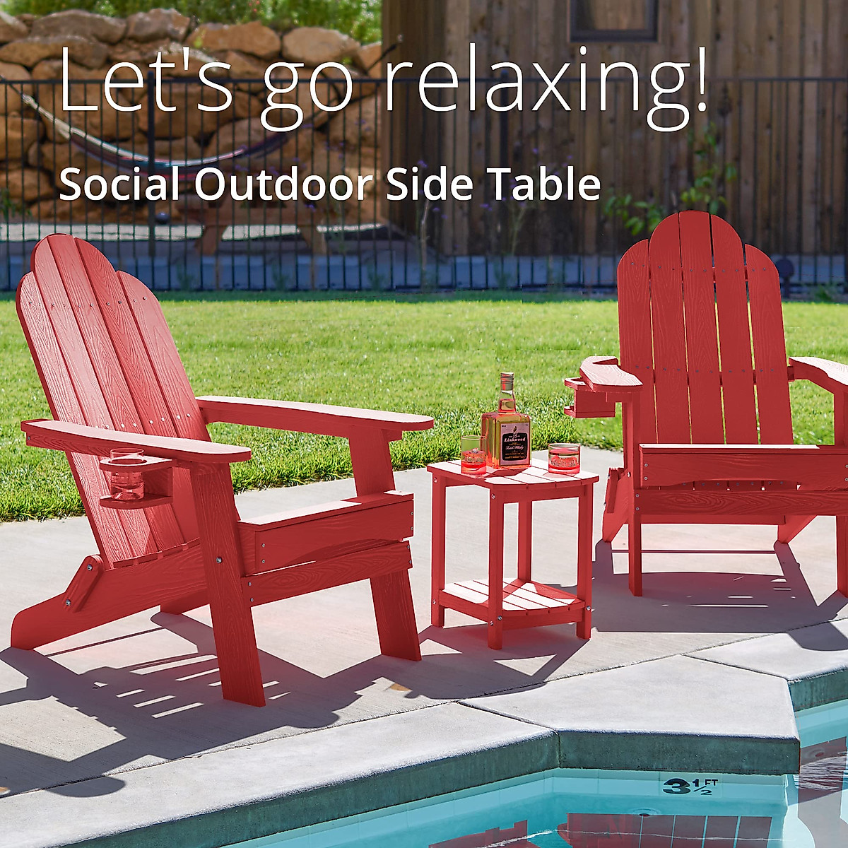 LUE BONA Adirondack Outdoor Side Table, Bright Red HDPS Outdoor Patio End Table Weather Resistant, Pool Composite Plastic Morden Side Table for Patio, Pool, Porch, Garden, Lawn