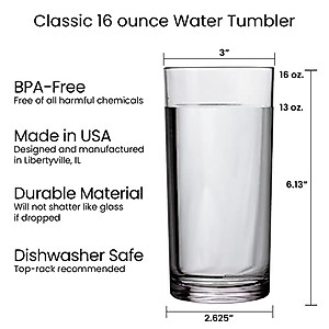 US Acrylic Classic 16 ounce Premium Quality Plastic Water Tumblers in Clear | Set of 6 Drinking Cups | Reusable, BPA-free, Made in the USA, Top-rack Dishwasher Safe