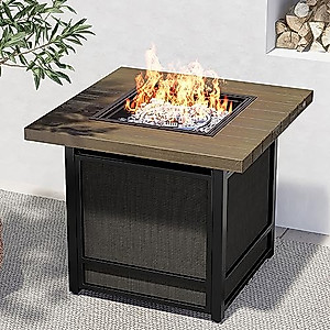 Grand Patio 29 Inch Propane fire Pit,Outdoor fire Pit All-Weather Wood Grain Square Stainless Steel smokeless firepit Table with Sling Base, Light Brown Tabletop/Square