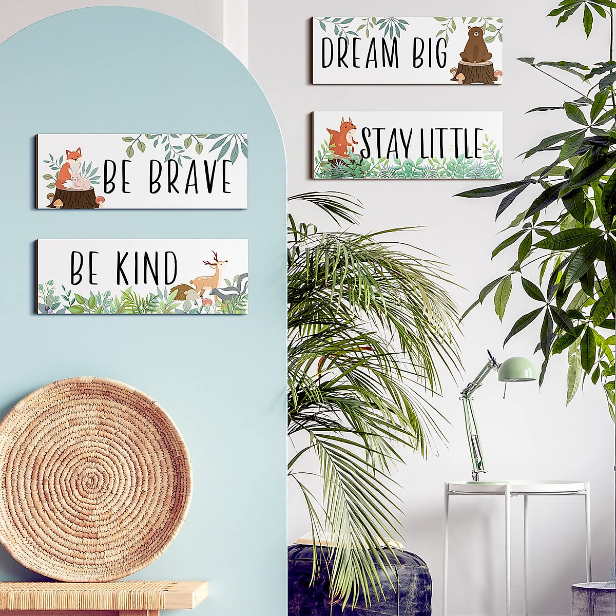 4 Pieces Woodland Nursery Decor Baby Safari Nursery Decor Kids Cute Jungle Animal Room Decor Nursery Decorations for Baby boy Bedroom Toddler Room 11x 3.9 Inches (White Background,)