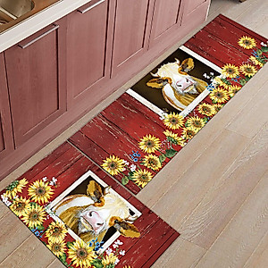 Z&L Home Kitchen Rug Set of 2 Piece, Farm Animal Cow in Red Wooden Barn Rugs and Mats for Kitchen Floor, Non Slip Rubber Backing Standing Door Mat Sunflowers 19.7x31.5in+19.7x47.2in