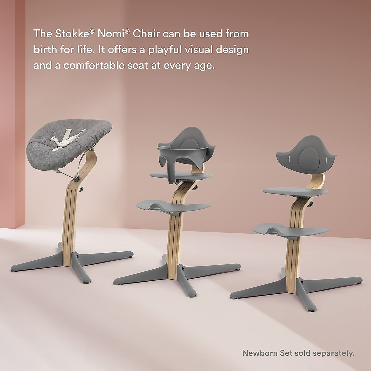 Stokke Nomi High Chair, White/Natural - Inspires Active Sitting - Tool-Free, Seamless Adjustability - Includes Baby Set with Removable Harness for Children 6-24 Months