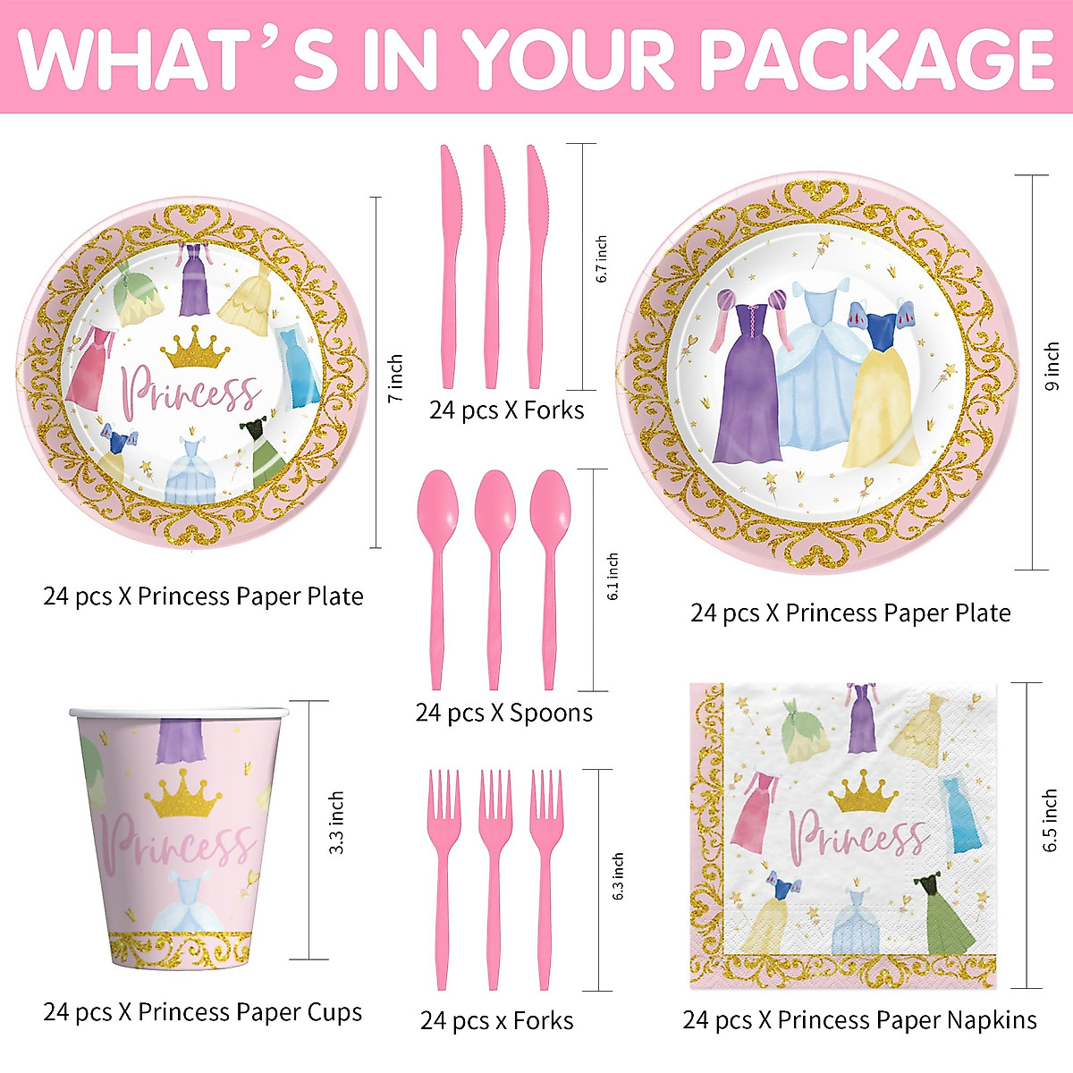 Suhelkit Princess Birthday Party Decorations Tableware - Princess Party Decorations Supplies For Birthday Baby Shower, Plate, Cup, Napkin, Disposable Cutlery, Princess Birthday Decorations | 24 Guest