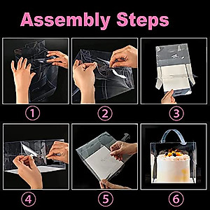 DNPHRPY 6X6X6 Inches 20pcs Clear Cake Boxes with Handles & Cake Boards, Bakery Box with Handles for Mother's Day Gifts, Desserts, and Cupcakes, Disposable Bakery Containers, 1 Ribbon & 4 Stickers