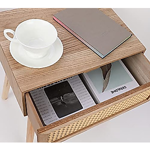 Rattan Nightstand with Drawer, Bedside Table, End Table with Storage, Modern Boho Nightstands, Mid-Century Coffee Table, Small Side Tables for Living Room Bedroom Office Balcony (Natural Walnut)