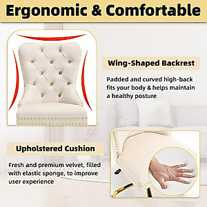 ABET Desk Chair with Wheels, Velvet Gold Office Chair Armless Swivel Chair with Tufted High Back Rivet Trim, Comfy Upholstered Ergonomic Computer Chair for Bedroom, Beige