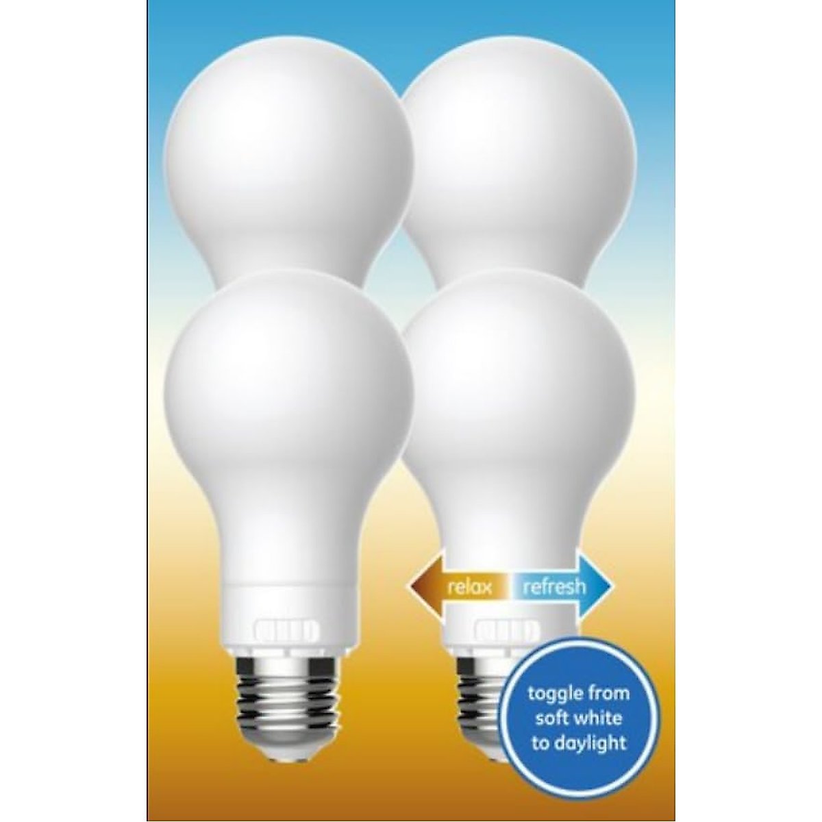 GE Lighting (4 Bulbs) GE Relax/Refresh LED A19 Color Select Light Bulb, Choose Either Soft White Relax or Cool White Refresh, Toggle Switch on Bulb, HD Light, 450 lumens, dimmable, Medium Base