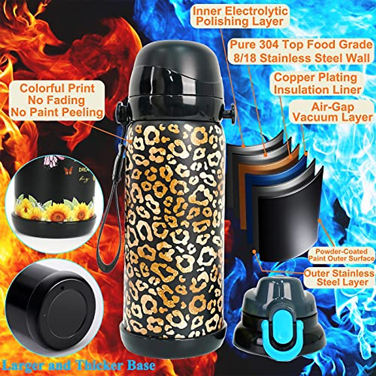 27 OZ Vacuum Insulated Water Bottle with 2 Lids, Stainless Steel Leak Proof Insulated Cup with Strap Keep Drinks Hot and Cold Long Hours for Women, Leopard Metal Water Bottles for School Sports