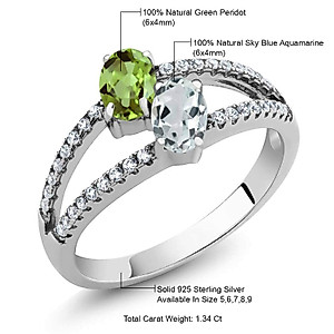 Gem Stone King 925 Sterling Silver Green Peridot and Sky Blue Aquamarine 2 Stone Women's Ring 1.34 cttw (Size 8)