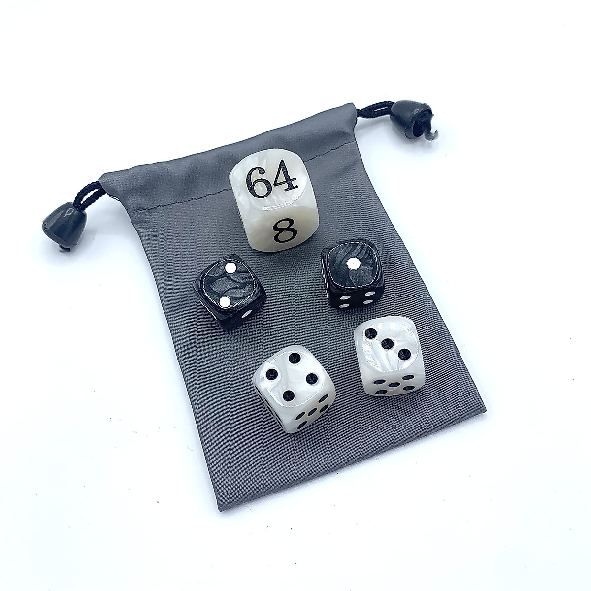 Luck Lab Backgammon Pearl Dice Set - 22 mm Doubling Cube and Four 16 mm Dice with Bonus Storage Bag, Black/White Marbleized