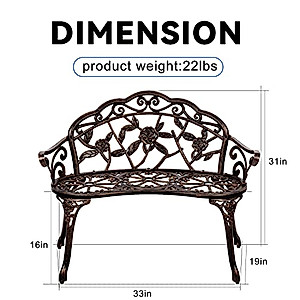NChanmar Patio Bench, Garden Bench Outdoor Bench Metal Bench for Patio, Park, Lawn, Decor Deck w/Floral Rose Accent, Antique Finish(Bronze)