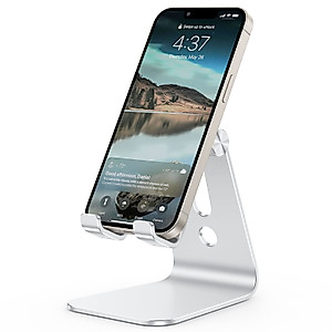 OMOTON C3 Cell Phone Stand for Desk, Larger and Exceptionally Stable, Adjustable Phone Cradle Holder with Bigger Body & Longer Arm, Compatible with iPhone 14, Tablets (7-10") and More, Silver