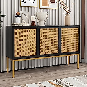 Bellemave Rattan Cabinet Sideboard Buffet Cabinet with Storage Kitchen Storage Cabinets with Rattan Doors Accent Cabinet Credenza for Living Room Dining Room Entryway, Black