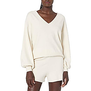 The Drop Women's Mia Bell Sleeve Deep V Neck Supersoft Sweater Whisper White , S