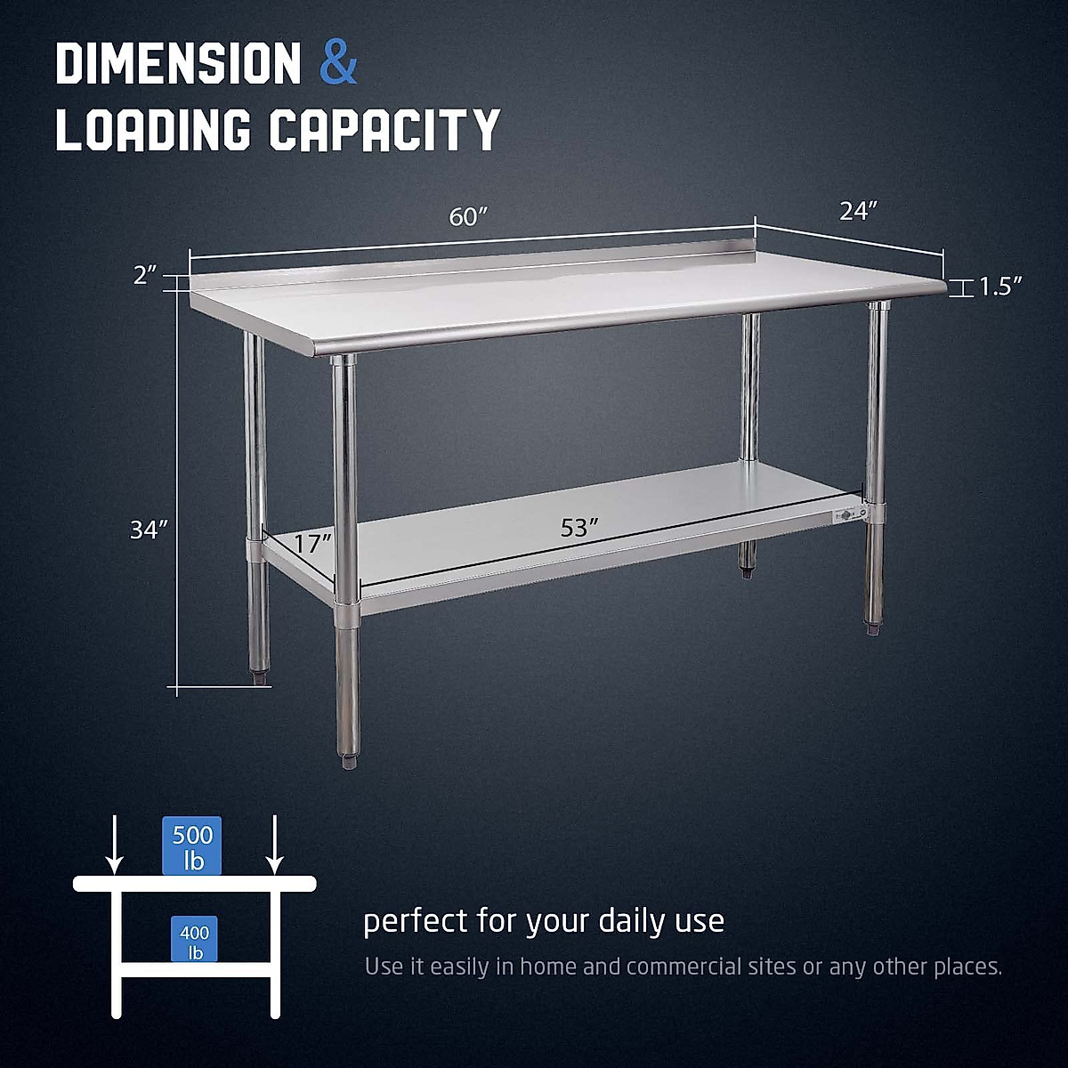 Profeeshaw Stainless Steel Prep Table NSF Commercial Work Table with Backsplash and Undershelf for Kitchen Restaurant 24x60 Inch