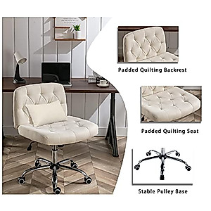 iMenting Wide Seat Armless Rolling Desk Chair Modern Tufted Adjustable Swivel Fabric Home Office Adjustable Swivel Chair with Wheels No Arms (Beige)