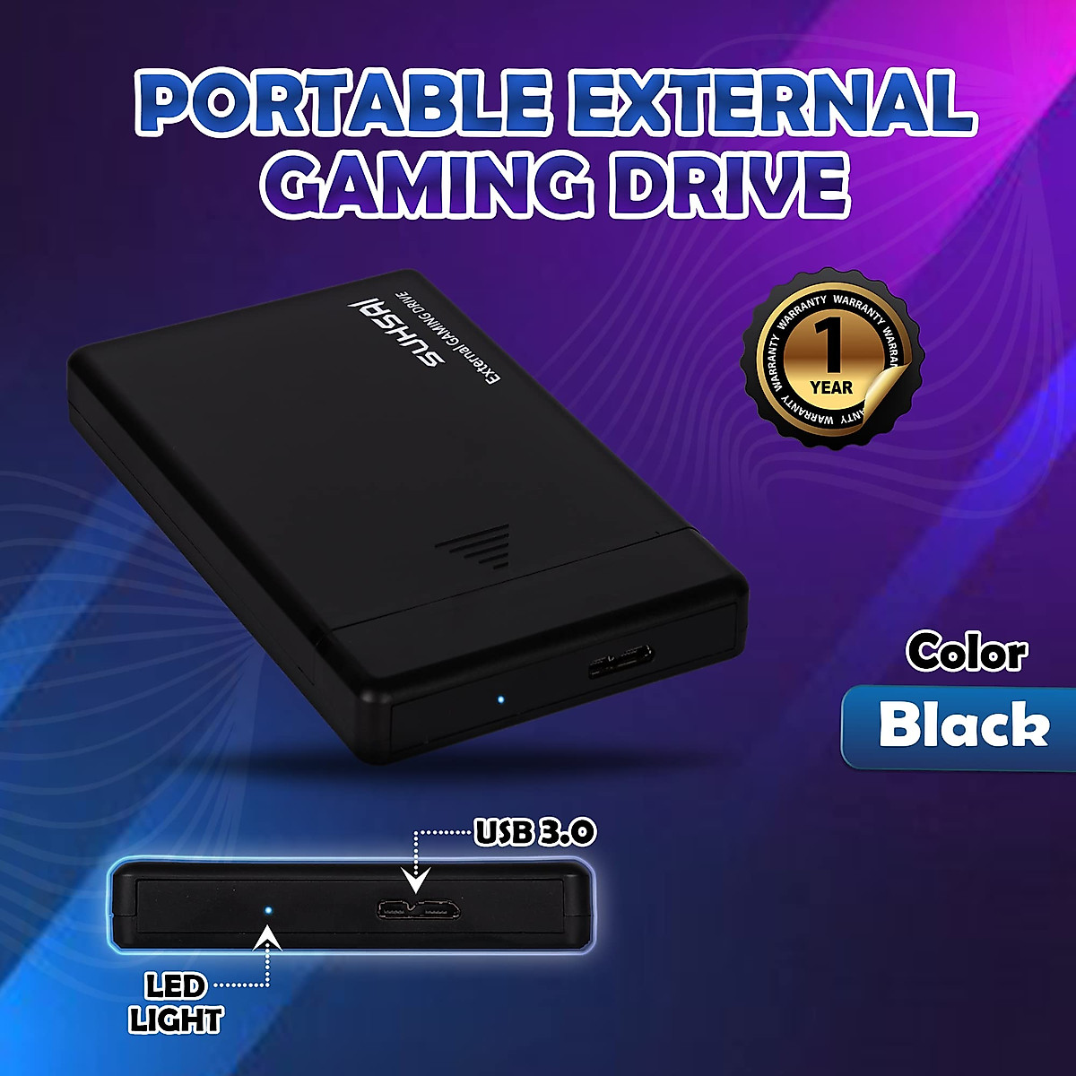 Suhsai External Hard Disk for Gaming, USB 3.0 Portable HDD Storage & Backup Drive for Laptop, Desktop, Playstation Xbox Game - Suitable with Windows, Mac, Game Console, PS4, PS5 (320GB - Black)