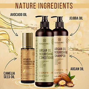 MagiForet Argan Oil Nourishing Daily Care Set, Shampoo 500ml + Conditioner 500ml + Hair Serum 100ml, Sulfate Free Paraben Free, Soft & Smooth, Gentle on Frizz, Curly & Color Treated Hair