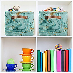 xigua Teal Turquoise Marble Storage Basket Large Collapsible Rectangle Storage Bin Toys Clothes Organizer for Closet Shelf Nursery Bedroom Home Decor