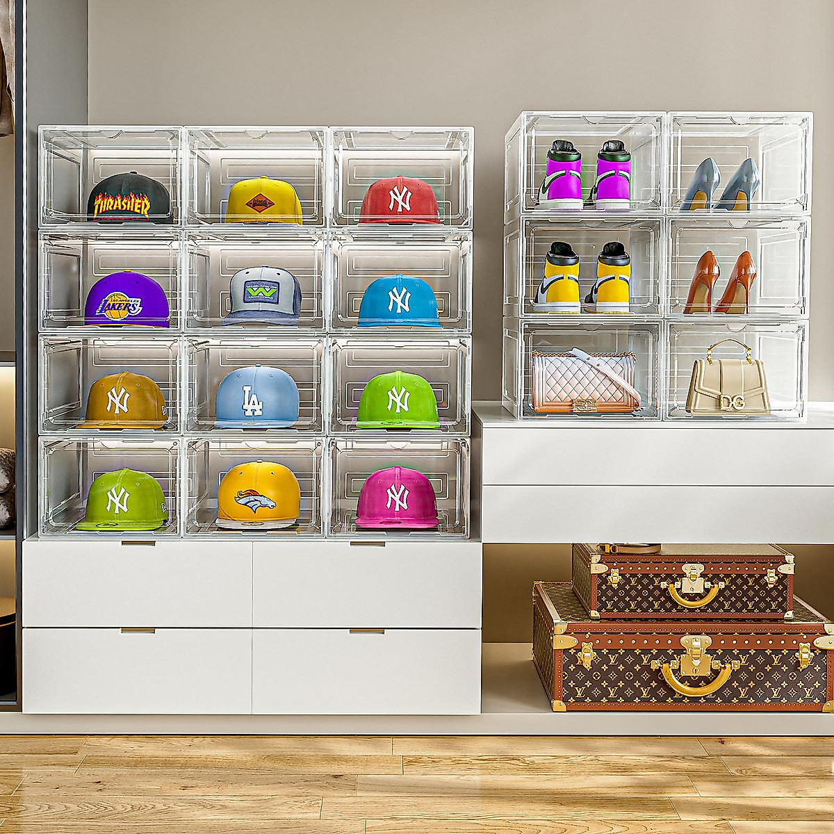 Hat Organizer Box for Baseball Caps, 6 Pack Clear Plastic Hat Storage Box, Hat Holder for Closet, Hat Display Case with Magnetic Door, Hat Rack, Snapback Organizer, Hat Case, Hold 8 Cap Each
