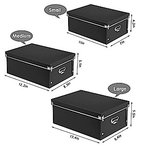 SEEKIND Storage Box, Decorative Storage Bins with Lid,3 in 1 Set,Plastic,with Handles,Press-Stud Fastening,Moisture-proof,Foldable for Space Saving Storage,for Clothes,Cosmetic,Blankets (Black) …