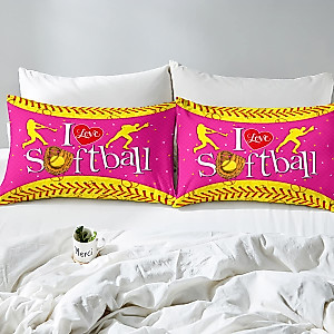 Softball Player Bedding Set Twin Size Sports Softball Bed Set for Girls Teens Bedroom Decor Kids Yellow and Pink Fitted Sheet Soft Microfiber Gaming Bed Cover(1 Fitted Sheet+1 Pillow Case)