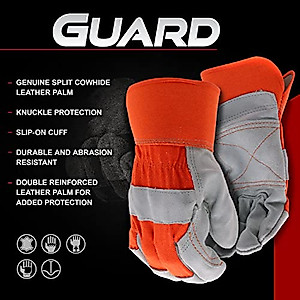 Boss Men's Guard Heavy Duty Work Gloves with Double Leather Cowhide Palm, Abrasion Resistant, High Durability, Canvas Backing, Extended Safety Cuff, Orange, Gray, Large (B71031-L)