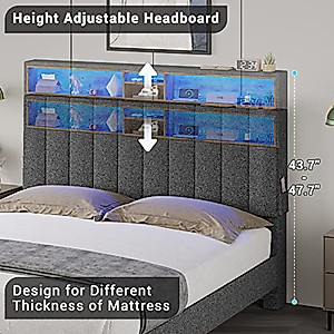 ADORNEVE Queen LED Bed Frame with Outlet and USB Ports, Queen Bed Frame with Storage Headboard, Modern Platform Bed with Storage & LED Lights, No Box Spring Needed, Easy Assembly, Dark Grey