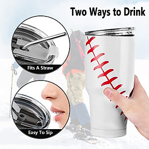 Joyclub 30oz Baseball Tumbler Stainless Steel Double Wall Vacuum Insulated Tumbler Cup Travel Mug with Lid, Straw and Cleaning Brush