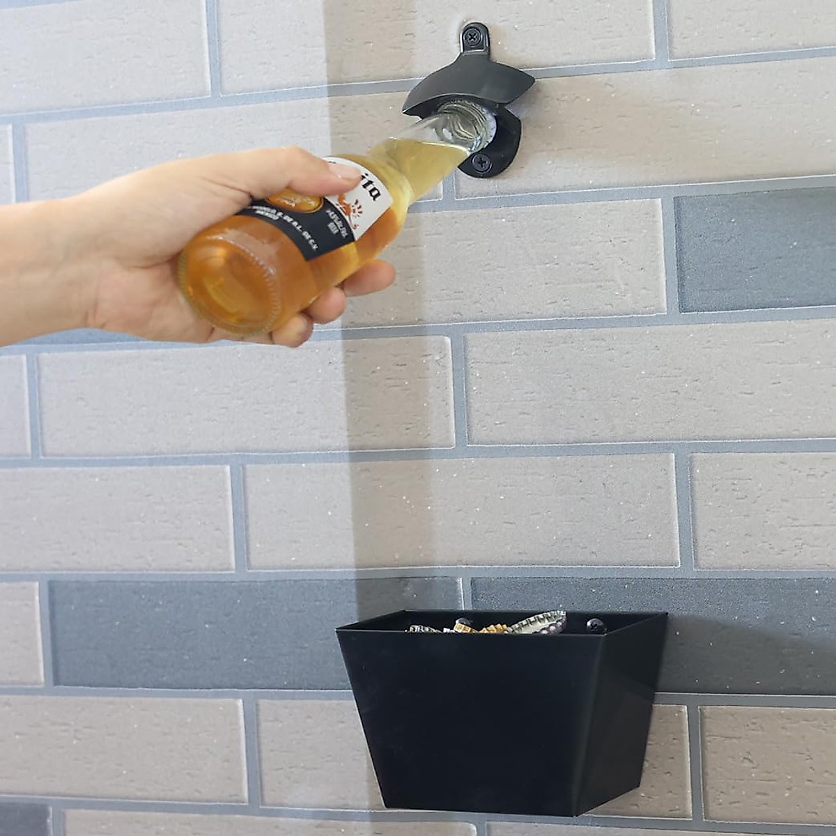 Luwanburg Stainless Wall Mounted Beer Bottle Opener and Cap Catcher Set (Black)