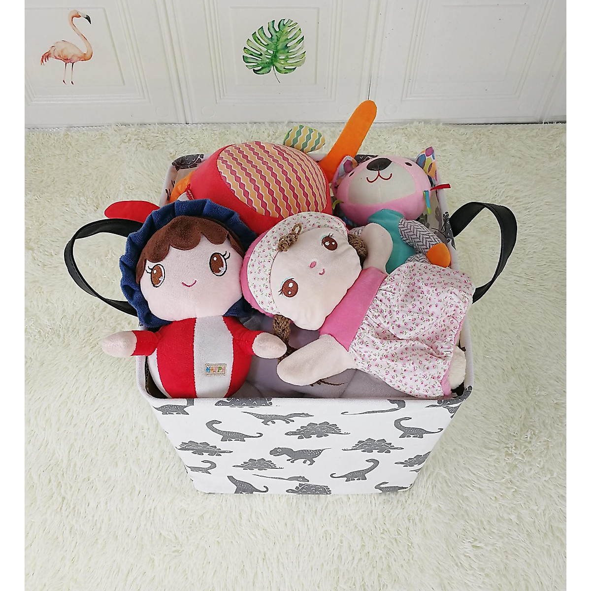 HUAYEE Squrage Storage Bin Canvas Fabric Storage Basket, Waterproof Coating Toy Organizer with Handles, Gift Basket for Home, Office, Clothes, Toy, Shelf Basket (Square Gray Dinosaur)