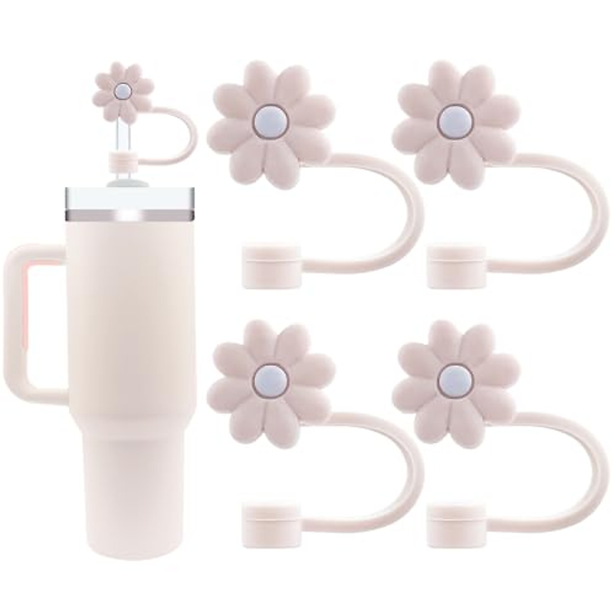4 PCS Silicone Straw Covers Cap Compatible with Stanley 30&40 Oz Cup, 10mm Cute Flower Straw Toppers for Tumblers, Dust-Proof Drinking Straw Caps for Reusable Straws Tips Lids