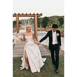 Strapless Wedding Dresses for Bride 2023 Simple Satin Wedding Dress with Slit Ivory Ball Gown for Women Size 14