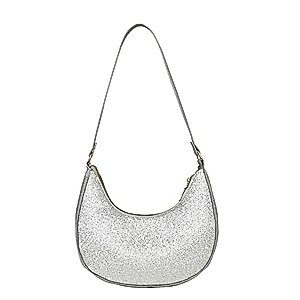 CLZOUD Ladies Fashion Solid Color Sequins Leather Shoulder Bag Metal Zipper Handbag Mini Shoulder Bag (Silver, One Size)