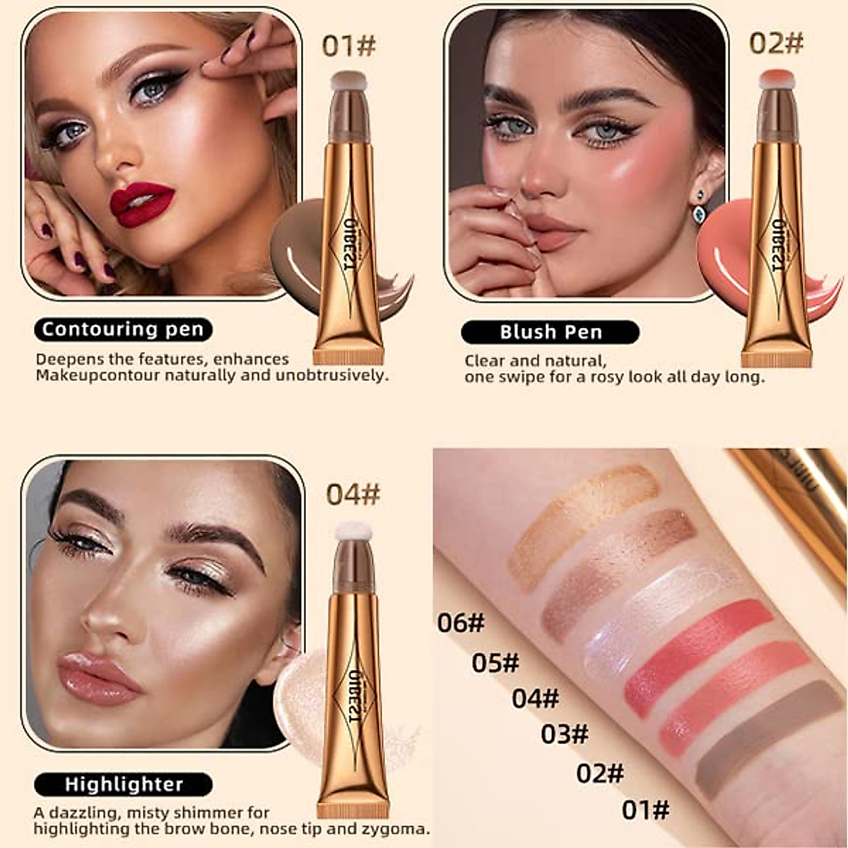 Yeweian 3PCS Liquid Contour Beauty Wand, Liquid Blush Highlighter Makeup Stick with Applicator, Cream Bronzer Stick Natural Matte Finish, Lightweight Blendable Cream Contour Highlighter Blush Wand