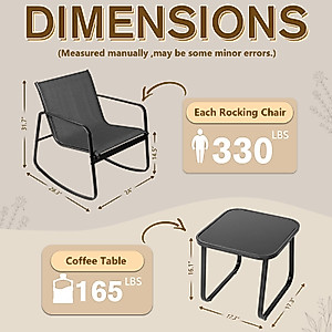 SUNCROWN 3-Piece Outdoor Rocking Bistro Set, Outdoor Furniture Set with Patio Rocking Chairs, and Glass-Top Table, Small Conversation Set of 3 for Porch, Lawn, Garden, Yard, Balcony, Poolside -Black