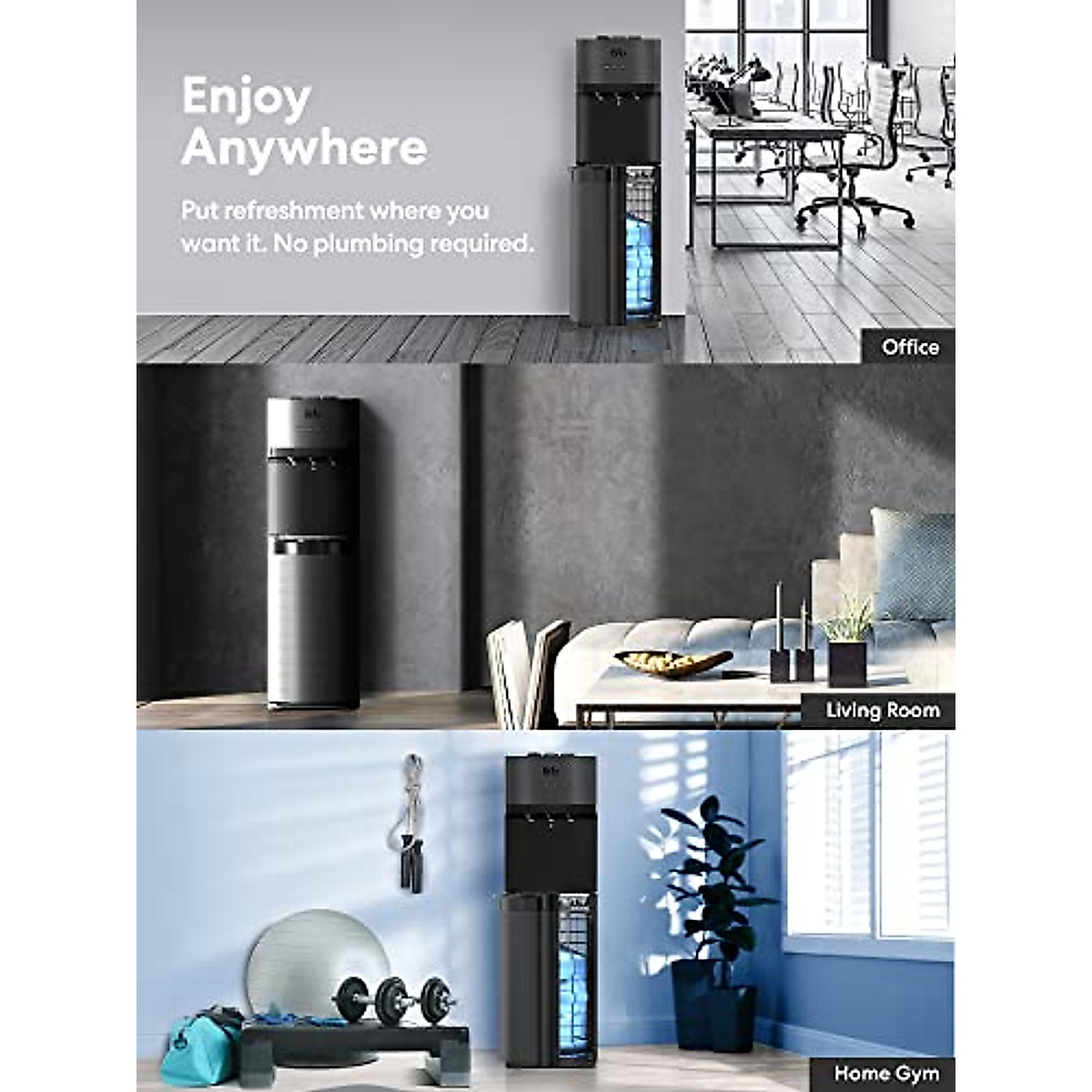 Brio CLBL520SCBLK Self-Cleaning Bottom Load Water Cooler Dispenser for 3 & 5 Gallon Bottles – Hot, Room & Cold Spouts, Child-Safety Lock, LED Display & Night Light, Black Stainless Steel