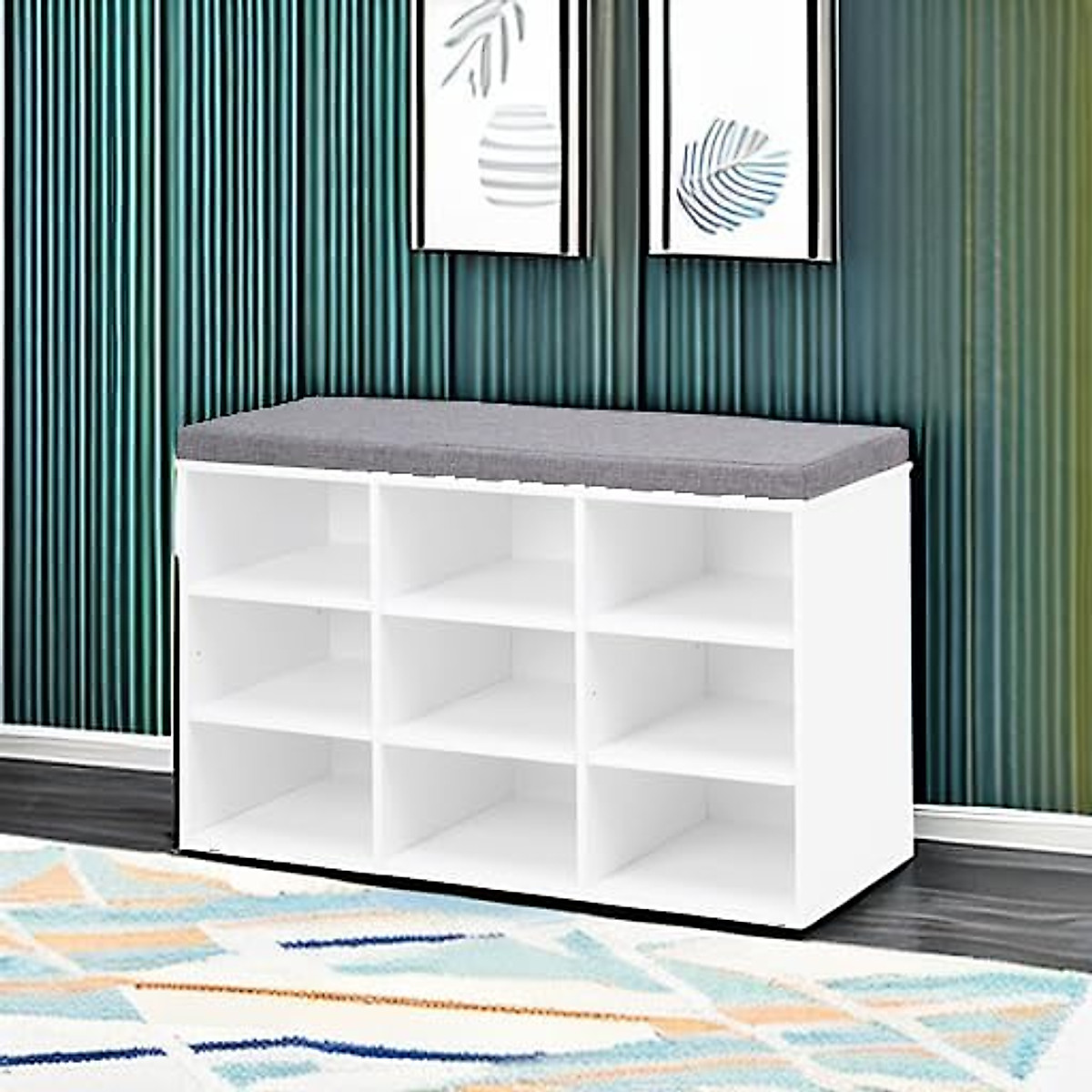 DINZI LVJ Shoe Storage Bench with Cushion, Cubby Shoe Rack with 9 Cubbies, Adjustable Shelves, Multifunctional Shoe Organizer Bench for Entryway, Mudroom, Hallway, Closet and Garage, White