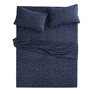 Wake In Cloud - Constellation Sheet Set, Navy Blue with White Space Stars Pattern Printed, Soft Microfiber Bedding (4pcs, Full Size)